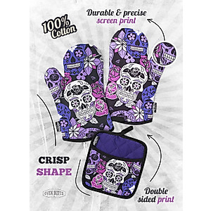 Oven Mitts Co. Sugar Skull Purple, Oven Mitts and Pot Holder 3pcs Set, Insulated, 100% Cotton