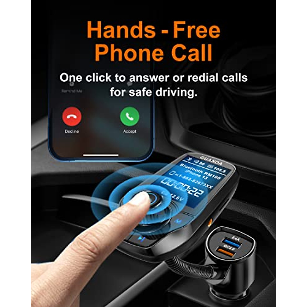 Bluetooth FM Transmitter in-Car Wireless Radio Adapter Kit W 1.8" Color Display Hands-Free Call AUX in/Out SD/TF Card USB Charger QC3.0 for All Smartphones Audio Players - RM100 Black