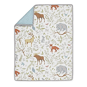 Sweet Jojo Designs Blue, Grey and White Woodland Deer Fox Bear Animal Toile Girl or Boy Baby Bedding 4 Piece Crib Set