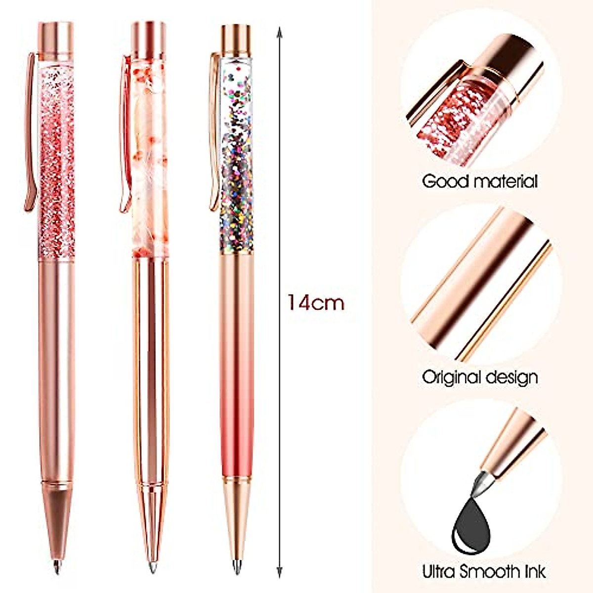 Ballpoint Pens, BYSOU 4pcs Rose Gold Metal Pen Refills Bling Dynamic Liquid Sand Pen Black Ink for Office Supplies