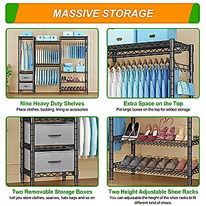 KnnJe S8 Portable Wardrobe Rack Heavy Duty Clothes Rack with 2 Shoes Racks & Fabric Drawers, 1 side hook, Metal Clothing Racks for Hanging Clothes, 70.6" L x 15.8" W x 76.8" H, 816lbs Max Load, Black
