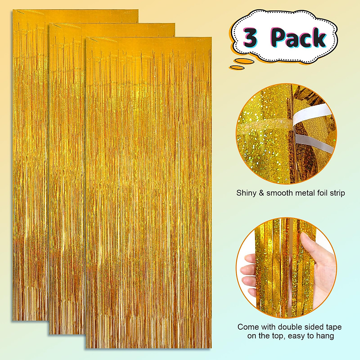 Merear Backdrop for Party Decorations, 3 Pack Gold Foil Fringe Curtains Party Decor 8.2 * 3.3 FT Tinsel Streamers Birthday Party Decorations Photo Fringe Backdrop for Party, Graduation