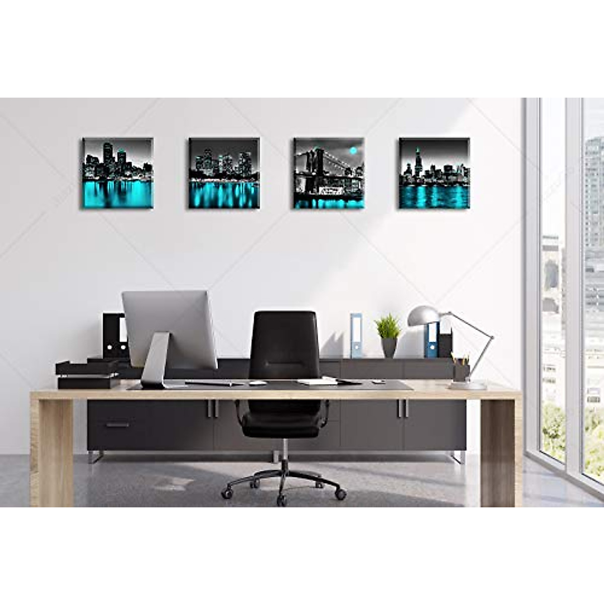 JiazuGo Wall Decorations Chicago Boston Los Angeles Brooklyn Bridge Skyline Canvas Art Black White USA New York City Pictures Teal Turquoise Lake Water Building Cityscape Home Living Room Office