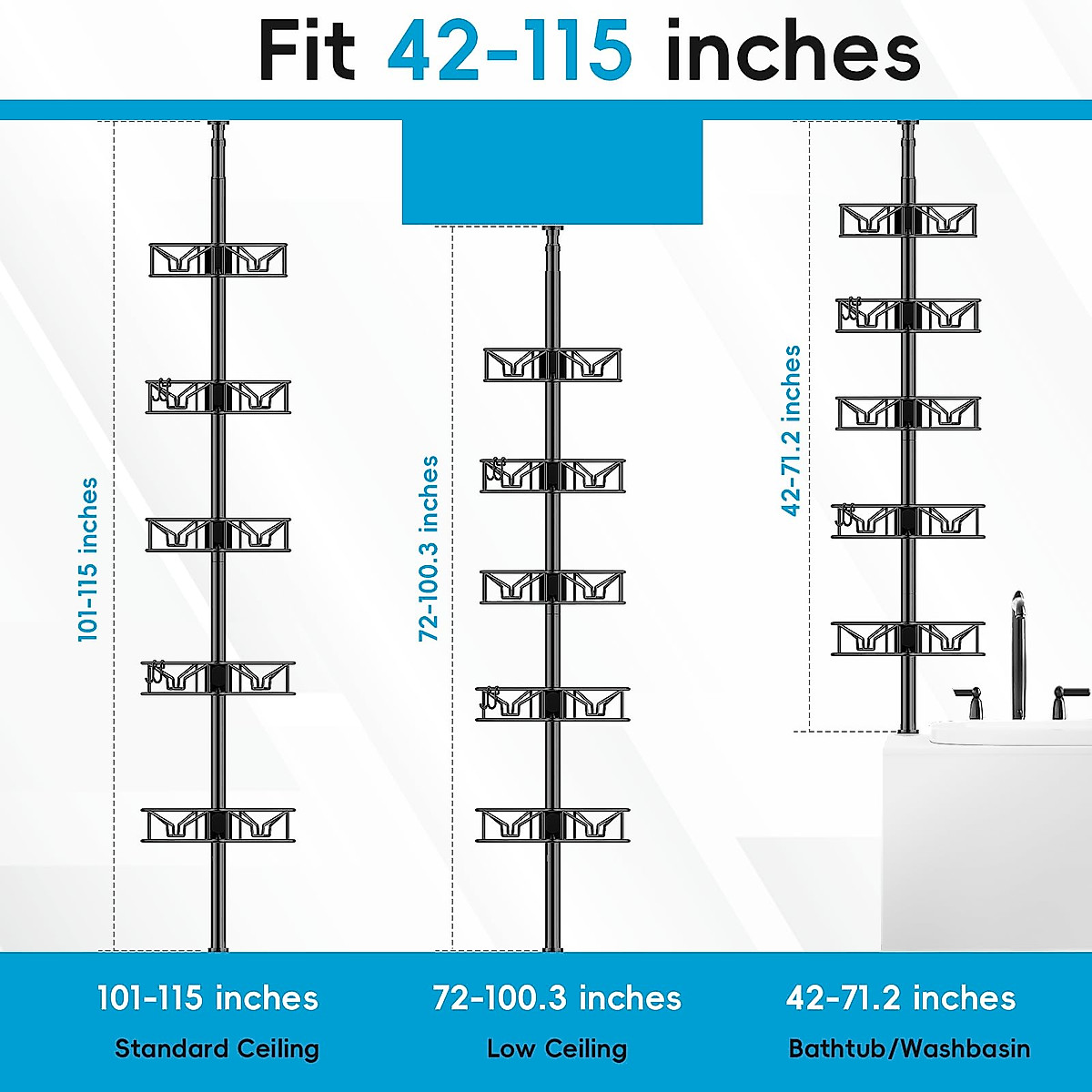 Skycarper 5 Tier Adjustable Corner Shower Caddy Organizer with Hooks,Rustproof Tension Pole 62-116 Inch, Black