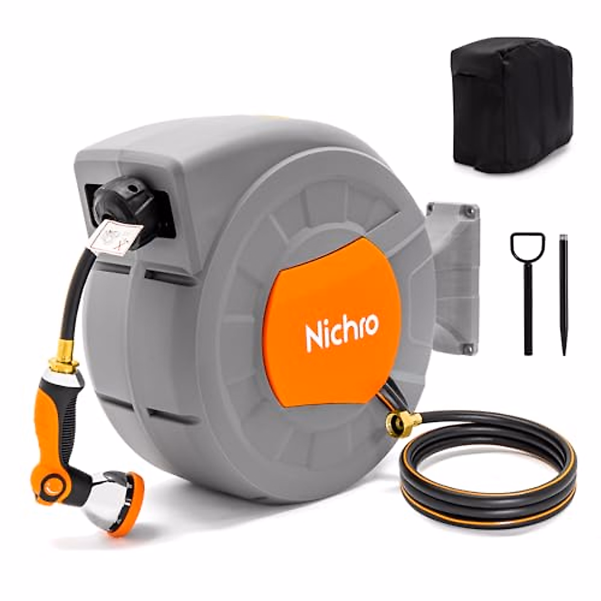 Retractable Garden Hose Reel Wall Mount, Nichro 1/2"×100ft Automatic Garden Hose Reel with Cover, 10 Pattern Hose Nozzle, Auto Rewind/Any Length Lock/Optional Installation Modes