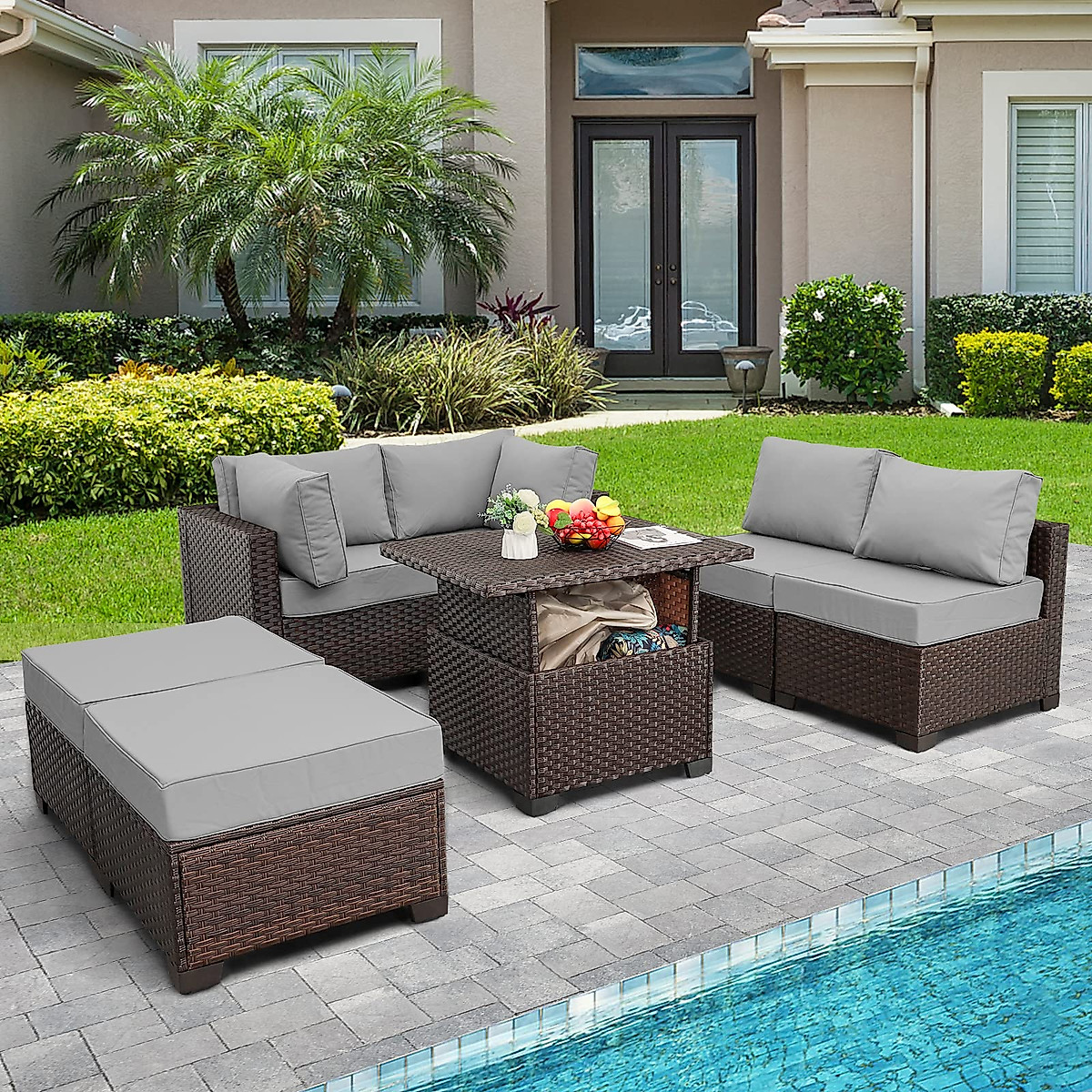 Outdoor Patio Dark Brown Rattan 7 Piece Sectional Set PE Wicker Conversation Sofa with Liftable Storage Table, Non-Slip 5" Thick Grey Cushion and Furniture Cover