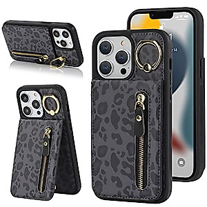 DEYHU iPhone 13 pro Case with Card Holder for Women, iPhone 13 pro Phone Case Wallet with Credit Card with Ring Kickstand Zipper Shockproof Slim Stand Case for iPhone13pro - Black Leopard