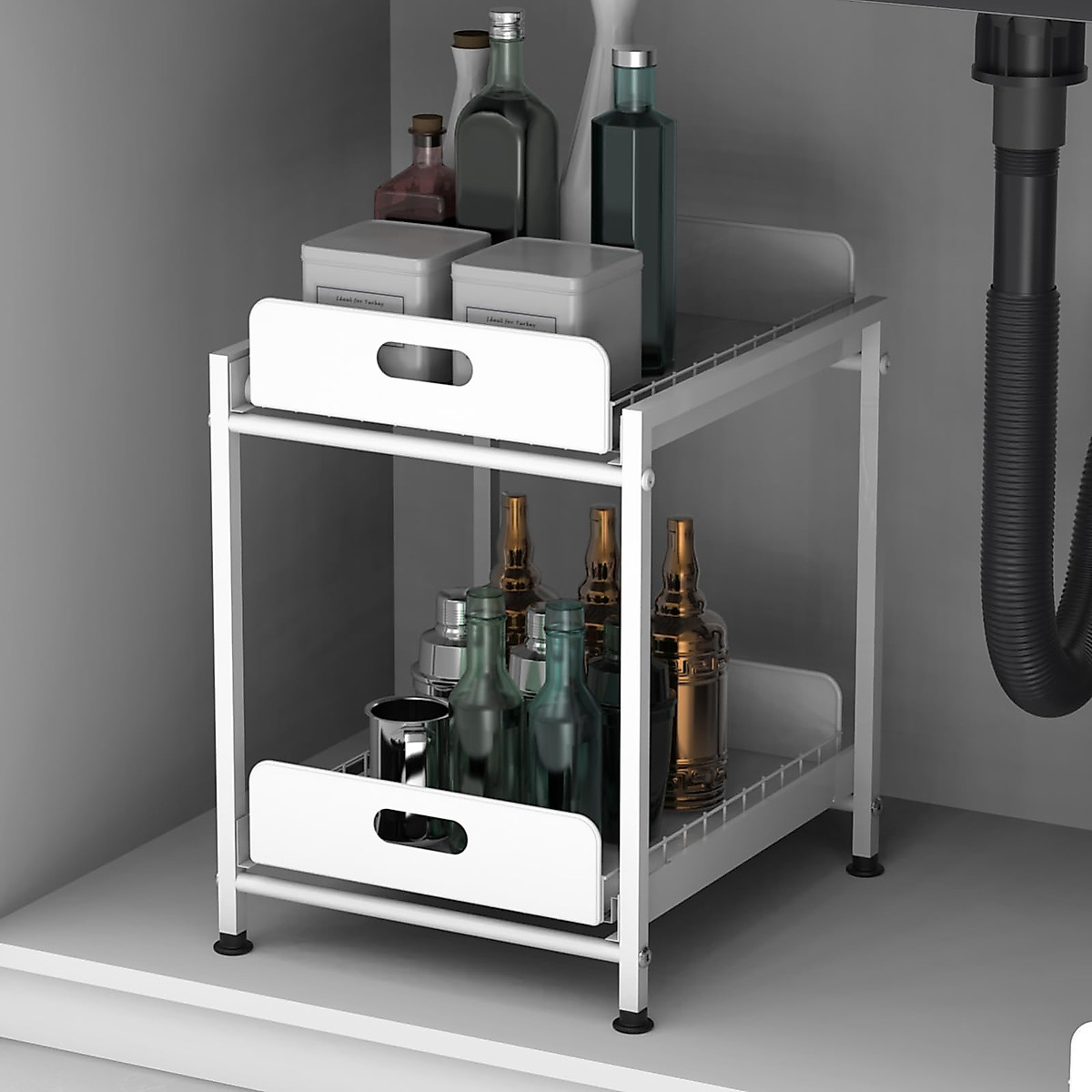 IncepKick Under Sink Organizer and Storage for Kitchen Bathroom 2 Tier Slide Out Under Sink Shelf Cabinet Storage Shelf Under Sink Storage Metal (White)