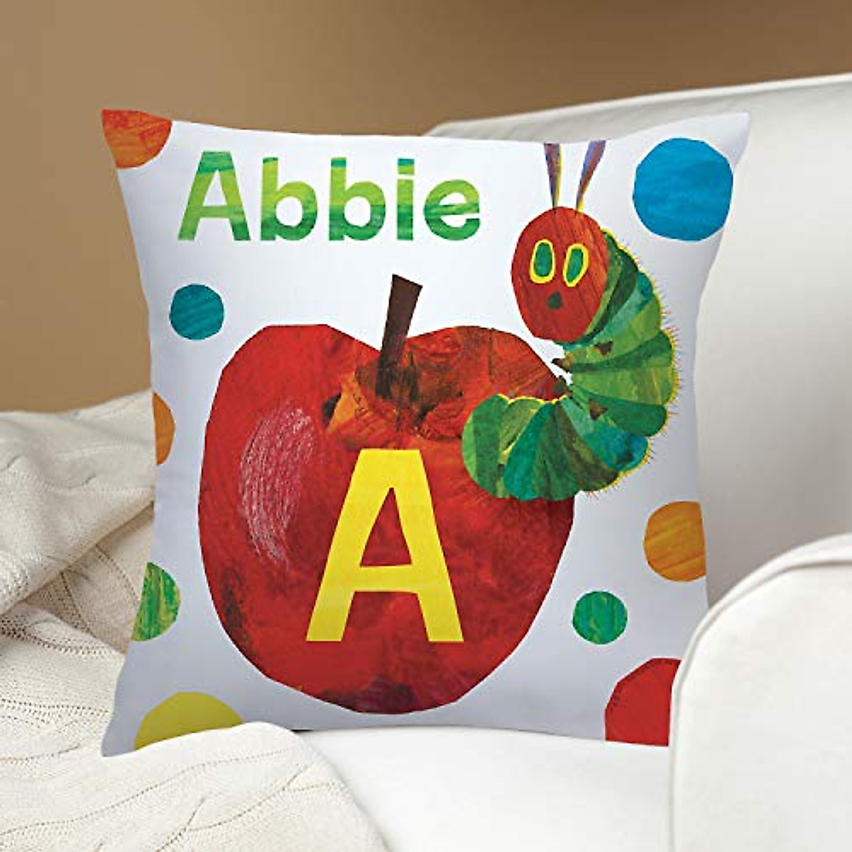 Eric Carle's Very Hungry Caterpillar Personalized Throw Pillow with Apple on White Removable Cover, Custom Name and Initial Printed, Official Licensed Product, 14x14