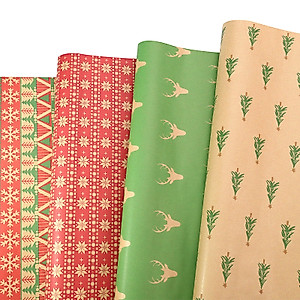 LaRibbons Kraft Christmas Wrapping Paper Set, 30 Inch X 10 Feet (4 Rolls: 100 Sq. Ft. Ttl) Snowflake, Green Tree, Deer Antlers and Gift Box Shapes Design for Xmas, Party, Holiday, Celebration