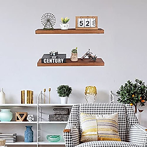 QTSARTISAN Floating Shelf Set — Rustic Solid Wood Hanging Rectangle Wall Shelves with Invisible Metal Brackets for Bedroom, Bathroom, Living Room and Kitchen(Light Walnut, 24" x 5.9")