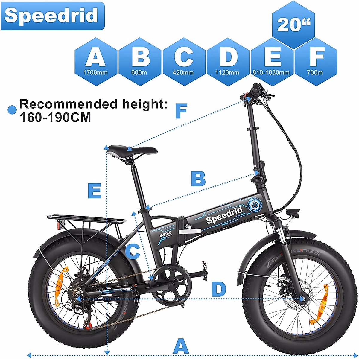 Speedrid Folding Electric Bike for Adults with Peak 800W Motor, 20" x 4.0" Fat Tire Ebike with Mid Located Built-in 48V-10.4Ah Battery, Up to 50 Miles, Front Suspension Fork and 7 Speed