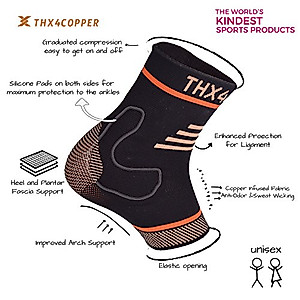 Thx4 Copper Infused Compression Ankle Brace, Silicone Ankle Sleeve Support, Pain Relief from Plantar Fasciitis, Achilles Tendonitis - Reduce Foot Swelling & Prevent Ankle Injuries - (Single)