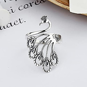 NewZenro Peacock Statement Wrap Open Rings for Women Dainty 925 Sterling Silver Adjustable Delicate Flower Animal Vintage Ring Jewelry Gifts Bff Birthday
