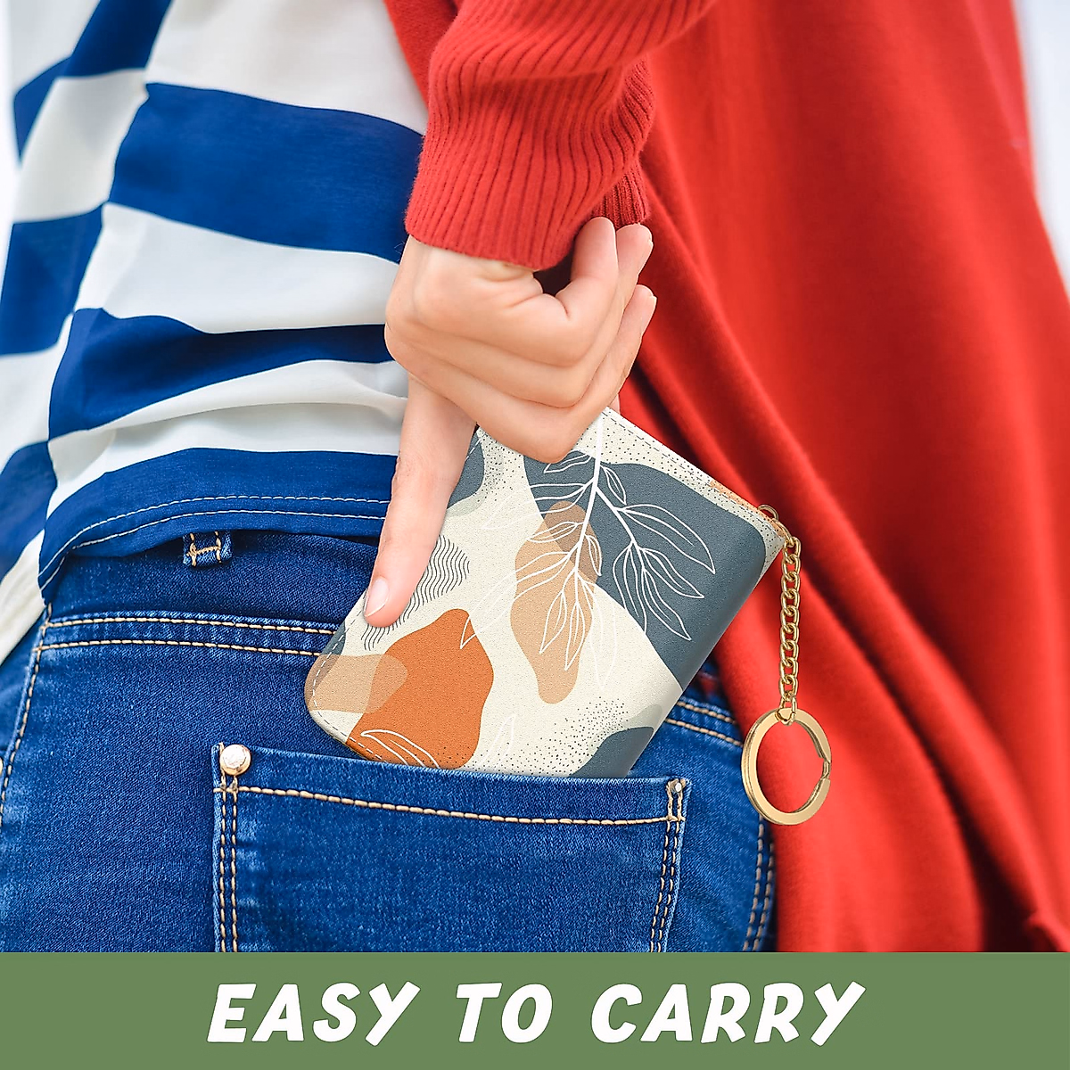 Aiawoxc Credit Card Holder, Small RFID Card Wallet Slim Leather Card Organizer Case with Zipper & Keychain, Abstract Boho Leaves