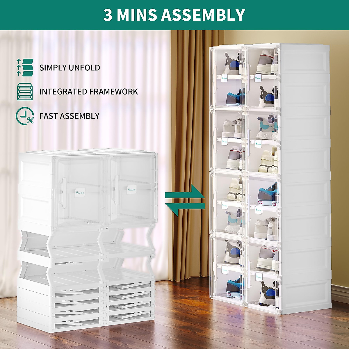 YITAHOME Shoe Storage Organizer, Foldable Shoe Box with Doors, 20 Grid Stackable Transparent Shoe Cabinet Installation-Free for Hallway, Living Room, Closet (White)