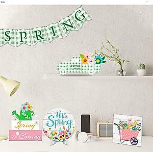 12 PCS Spring Tiered Tray Decor Set Flowers Mini Wood Signs Hello Spring Wooden Table Signs Flowers Butterfly Truck Wood Decors with Holder for Spring Party Supplies Home Table Centerpieces