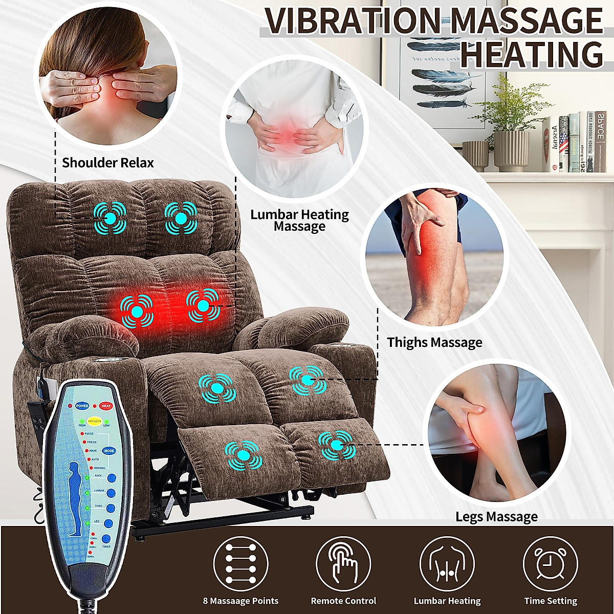 Plococo Lay Flat Sleeping Dual OKIN Motor Lift Recliner Chair with Vabriation Heat Massage for Elderly,Infinite Position Soft Fabric Power Electric Recliner Sofa Chair for Living Room, Brown, 9990