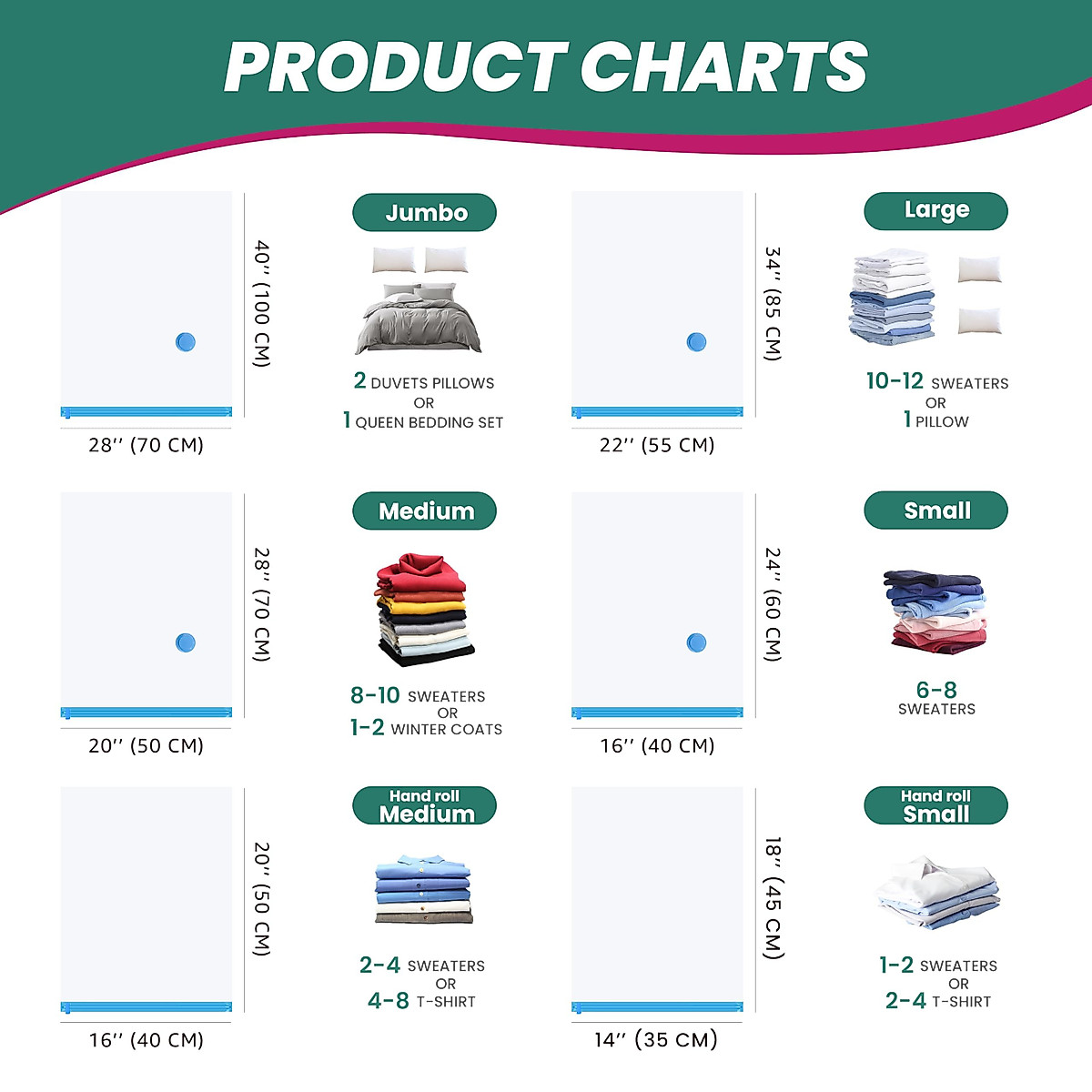 HealSmart Vacuum Storage Bags 30 Pack, Space Saver Storage Bags, Vacuum Sealed Storage Bags for Clothes, Comforters, Blankets and Pillows, Hand Pump Included (5 Jumbo/5 L/5 M/5 S/5 Roll M/5 Roll S)