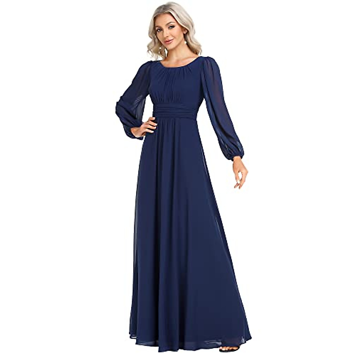 Ever-Pretty Womens Floor Length Long Sleeve Empire Waist A-Line Maxi Bridesmaid Dress Navy Blue US14