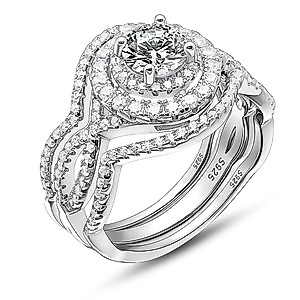 Halo Wedding Ring Set for Women by Ginger Lyne |3 Ring Bridal Set | Sterling Silver Engagement Ring Two Matching Anniversary Bands | Cubic Zirconia Promise Rings for Her