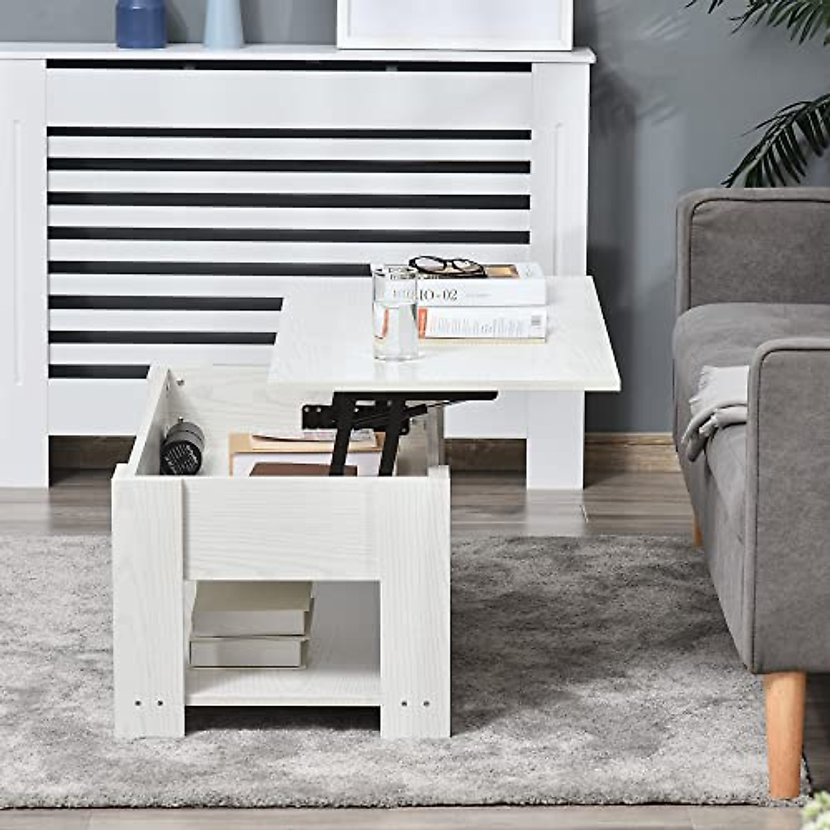 HOMCOM 39" Lift Top Coffee Table with Hidden Storage Compartment and Open Shelf, Pop Up Coffee Table for Living Room, White