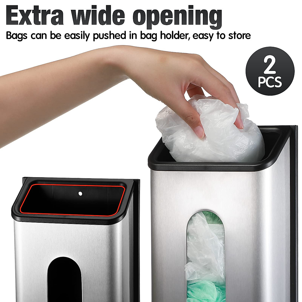 Lallisa 2 Pack Grocery Bag Holder Plastic Bag Dispenser Wall Mount Storage Stainless Steel Bag Storage for Plastic Bags with Extra Wide Easy Access Openings(Square Shape)