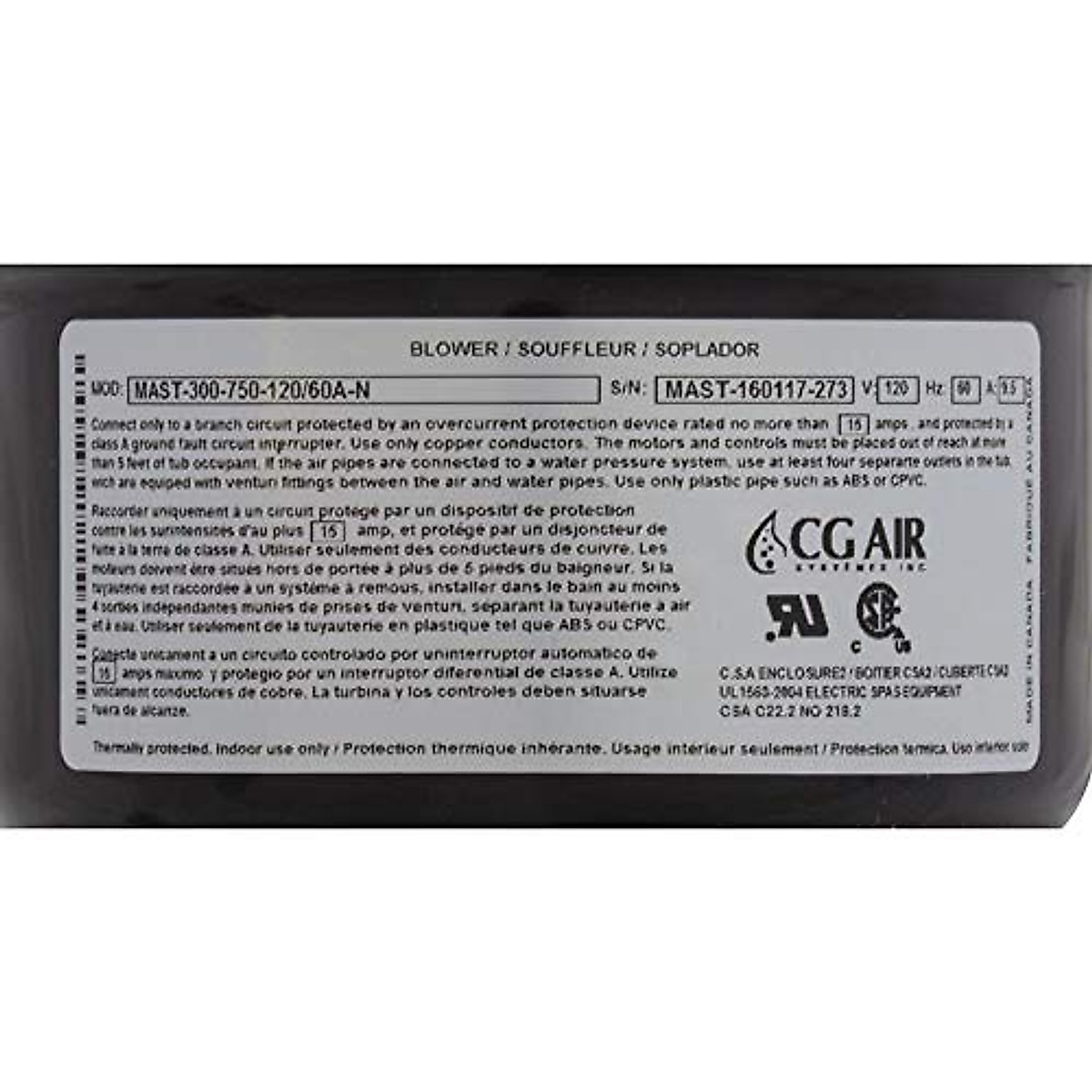 Blower, CG Air Millenium AS, 115v, 9.5A, w/HTR, 3ft Nema