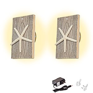 SKIVTGLAMP Hand Made Nature Wood Wall Sconce Rechargeable Battery Operated LED PIP Motion IR Sensor Wall Lamp, No Drilling Cordless Farmhouse Wall Mounted for Rustic Backlight Leaning Starfish