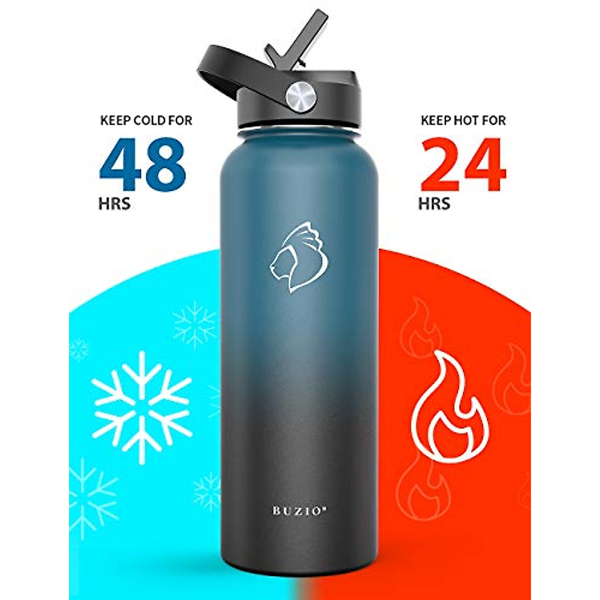 BUZIO Water Bottle with Straw Lid and Flex Cap, 40oz Modern Double Vacuum Stainless Steel Water Flask, Cold for 48 Hrs Hot for 24 Hrs Simple Thermo Canteen Mug, Indigo Black