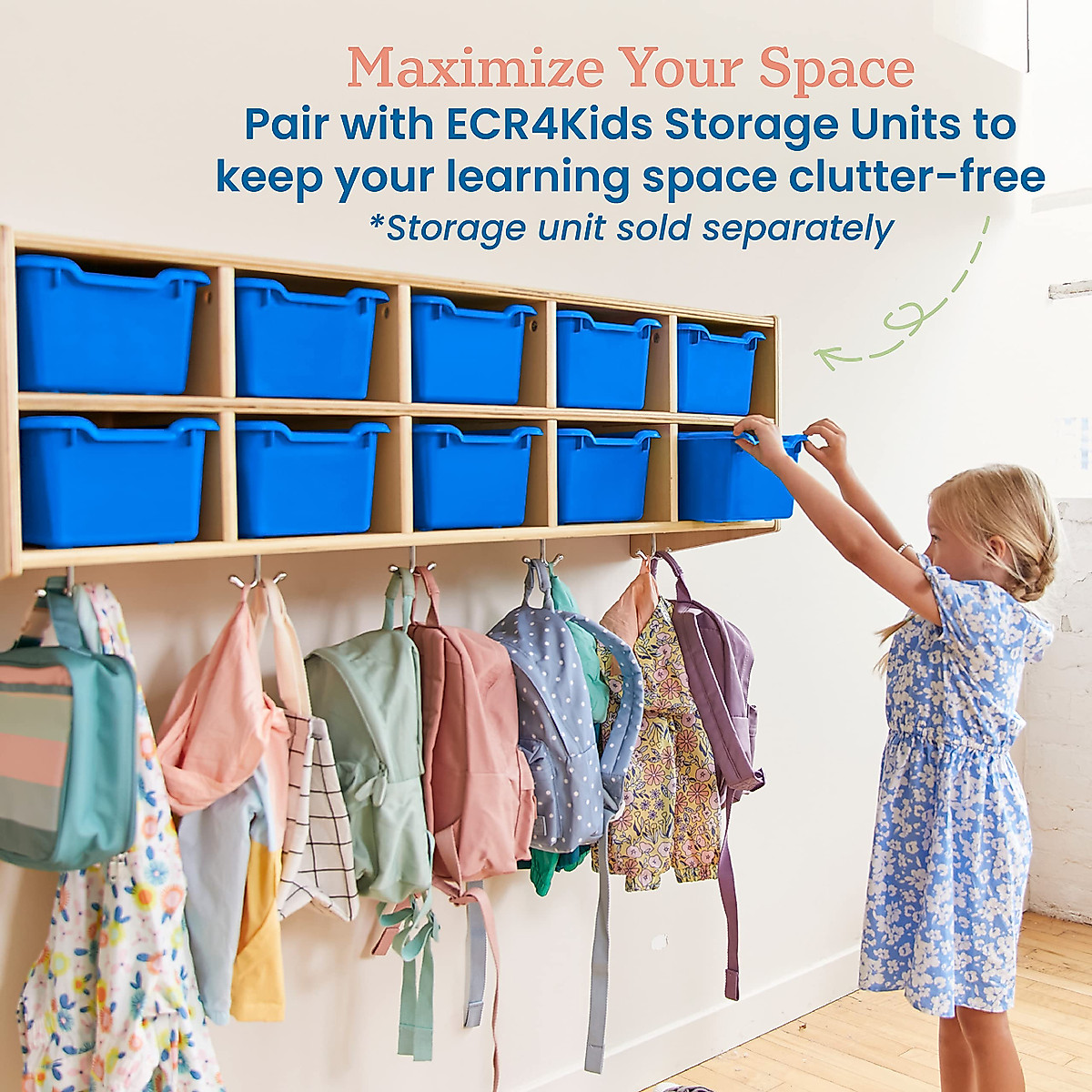 ECR4Kids Scoop Front Storage Bins, Multipurpose Organization, Blue, 10-Piece