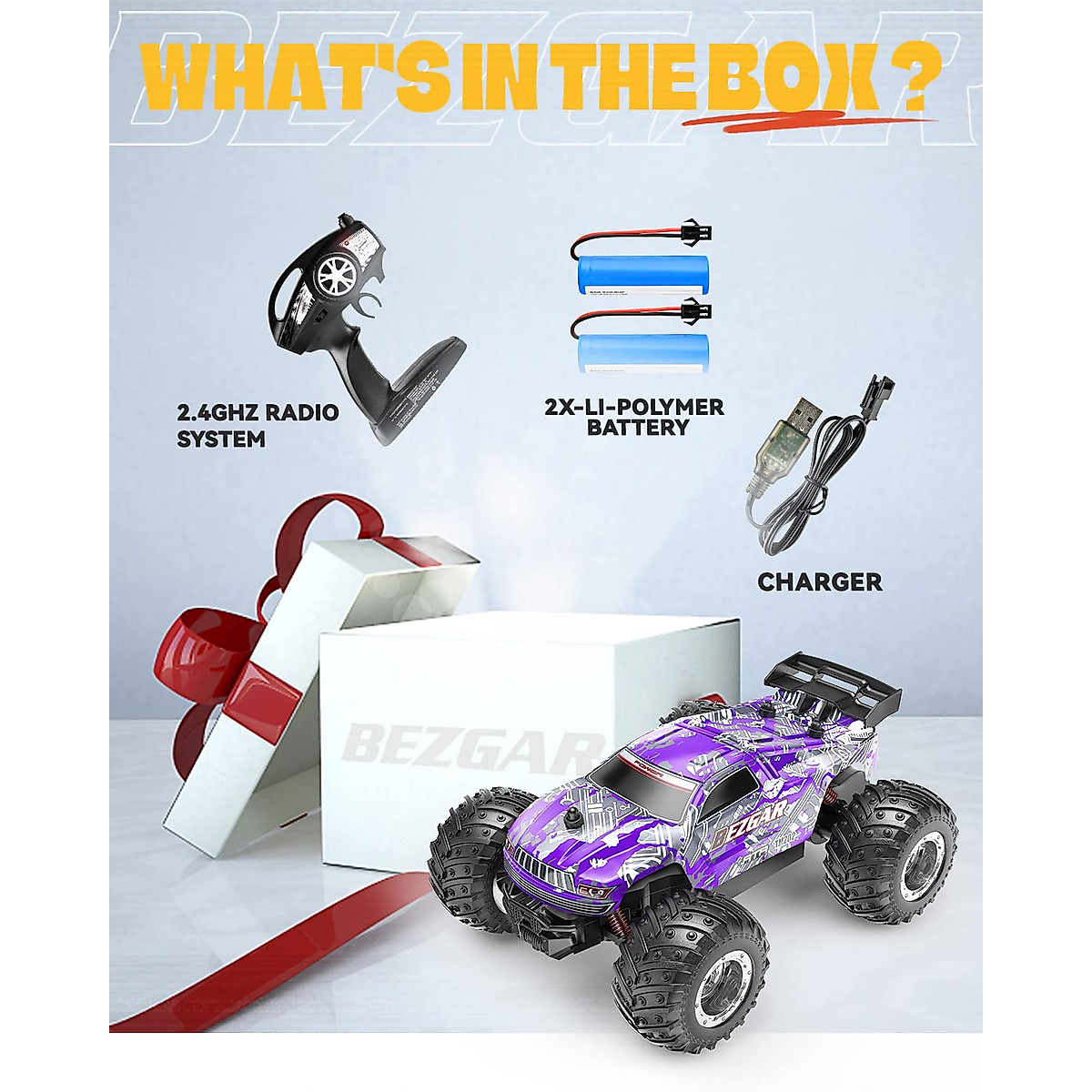 BEZGAR TM202 Toy Grade 1:20 Scale Remote Control Car,2WD Top Speed 15 Km/h Electric Toy Off Road 2.4GHz RC Monster Vehicle Truck Crawler with 2 Rechargeable Batteries for Boys Kids and Adults
