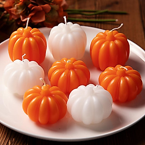 EBaokuup 8 Pcs Fall Pumpkin Shaped Candles,Thanksgiving Unscented Pumpkin Candles,White Orange Pumpkin Candles for Halloween Party Home Decoration Holiday Atmosphere