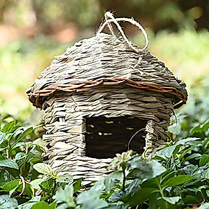 OPTIMISTIC Straw Bird Nest Cage House Hatching Breeding Cave for Small Parrot, Canary Cockatiel or Other Birds Hut Hand Woven Hanging Birdhouse Hideaway for Finch & Canary