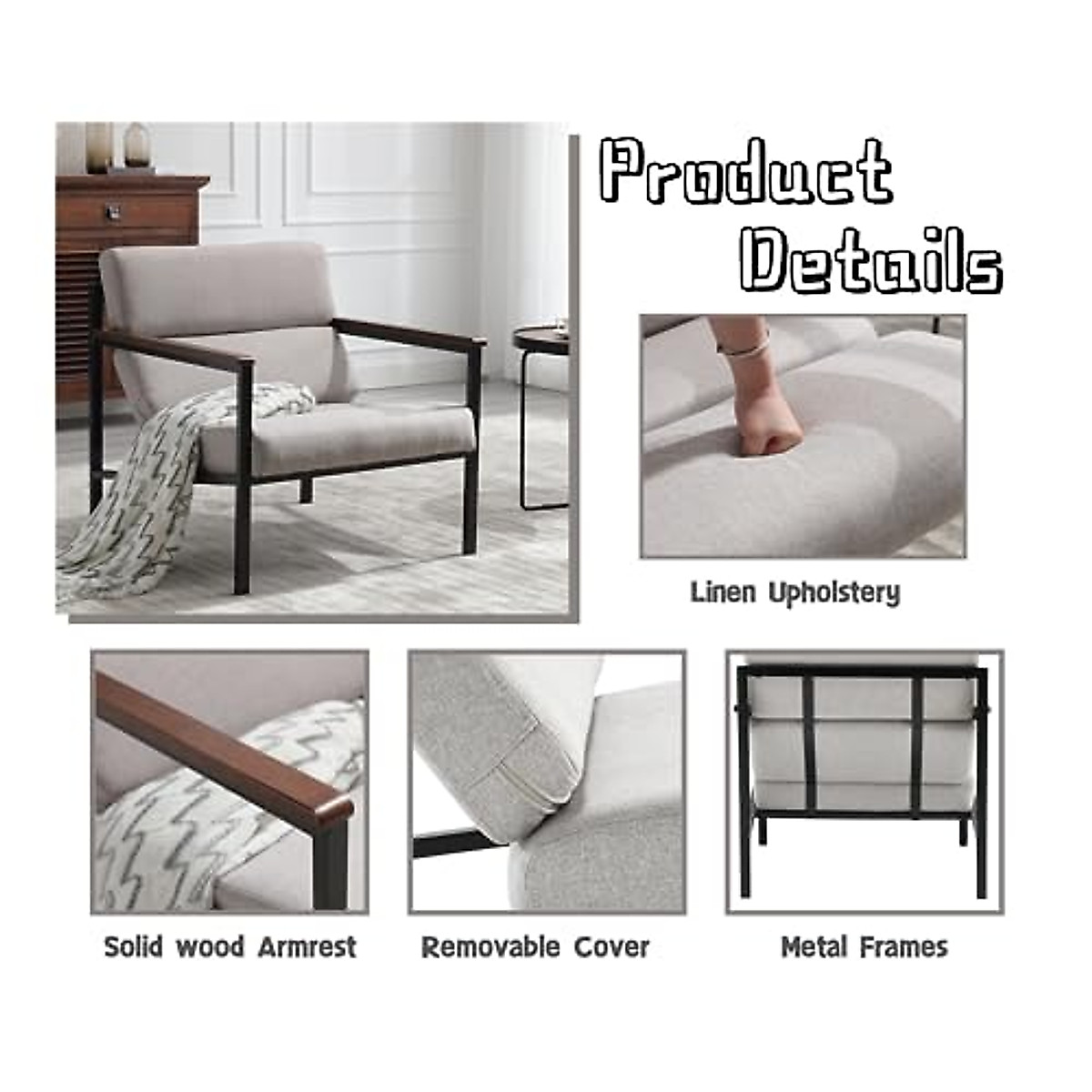 EALSON Mid Century Modern Accent Chair Comfy Armchair with Metal Frame Linen Upholstered Lounge Chair Single Sofa Chair with Wood Armrest for Living Room/Bedroom/Reception Room, Grey