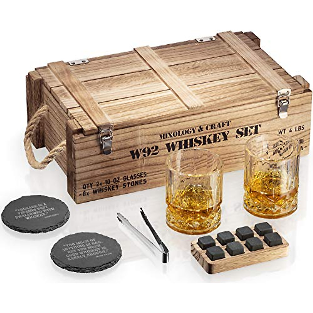 Whiskey Stones Gift Set for Men | Whiskey Glass and Stones Set with Wooden Army Crate, 8 Granite Whiskey Rocks Chilling Stones and 10oz Whiskey Glasses | Whiskey Gift for Men, Dad, Husband, Boyfriend