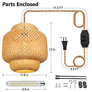 YIIZON Plug in Pendant Light Hanging Lamp with Handmade Bamboo Lampshade Dimmer Switch Boho Modern Rustic Country Natural Basket Hanging Light with Plug in Cord