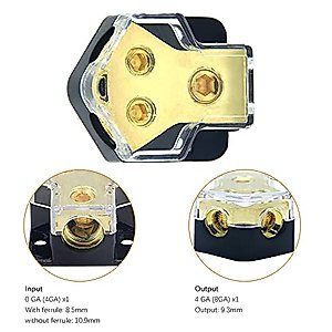 KEDAKEJI 1PACK 0/2/4 Gauge in 4/8 Gauge Out 2 Way Amp Copper Power Distribution Block for Car Audio Splitter