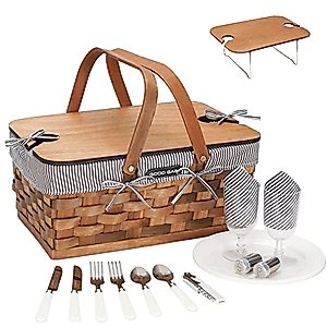 Woodchip Picnic Basket for 2 with Portable Wine Table, Woven Basket with Double Swing Handles & Removable Cutlery Service Kit, Large Basket for Picnic, Camping, Family, Wedding Gifts for Couple,Grey