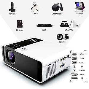 GRC Mini Projector, 1080P HD Supported Portable Movie Projector with 45000 Hrs LED Lamp Life, Compatible with TV Stick Video Game HDMI USB AV DVD for Multimedia Home Theater, Projector for outdoor