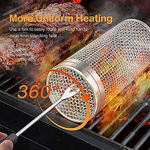 SBMKK Rolling Grill Baskets for Outdoor Grill, Round BBQ Grilling Baskets for Veggies, BBQ Net Tube Barbeque Vegetable Grill Accessories, Cage Cylinder for Fish, 2 PACK (two large)