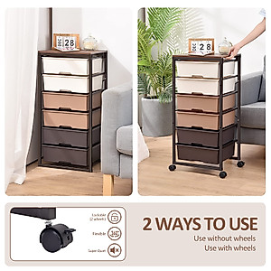 TOOLF Rolling Storage Cart with 6 Drawers,Utility Cart with Drawers and Wooden Tabletop,Storage Dresser for Bedroom,Tall Nightstand for Dorm with Large Capacity,Brown