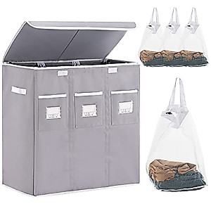 TECHMILLY 3 Section Large Laundry Basket, 140L Laundry Hamper with Lid，Waterproof Durable Clothes Hamper with 4 Removable Bags and 3 labels for Bathroom, Bedroom, Dorm, (Grey)