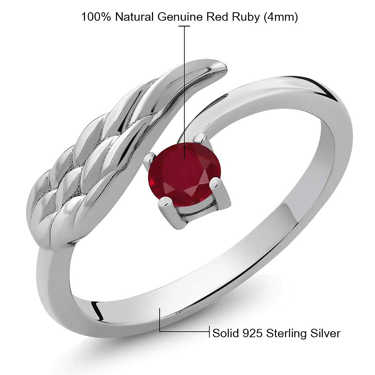 Gem Stone King 925 Sterling Silver Gemstone Birthstone Angel Wing Ring | Round 4MM | Wedding Engagement Anniversary Promise Ring For Women | Available In Size 5, 6, 7, 8, 9