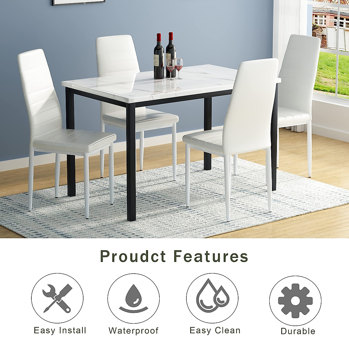 AWQM 5 Pieces Dining Table Set, Kitchen Table Set with Faux Marble Top Table and 4 Faux Leather Upholstered Chairs for Kitchen, Breakfast Nook, Dining Room, White+Beige