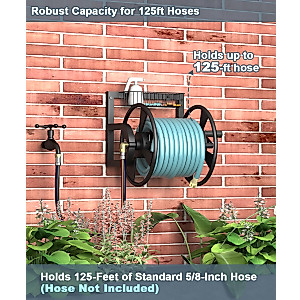 Artigarden Outdoor Garden Hose Reel Wall Mount, Heavy-Duty Water Hose Holder Winder with 3.9 ft Leader Hose, Brass Fitting and Storage Basket for Yard, Holds 125 Feet of 5/8-Inch Hose, Black