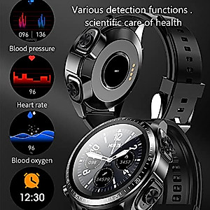 Smart Watch with Earbuds - 2 in 1 Round Fitness Track Watch, 1.28inch Smartwatch with Step, Heart Rate, Sleep Monitor, Waterproof Long Time Standby, Gifts for Men (Black)