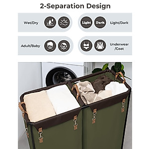 StorageWorks Laundry Sorter Cart with 2 Sections, 390L Laundry Cart with Wheels, Extra Large Double Laundry Hamper, Laundry Basket Divider for Hotel, Home, Green, 1-Pack
