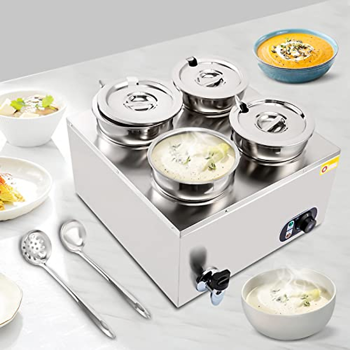 110V Commercial Soup Warmer ,Electric Food Warmer Adjustable Temp. 86-185℉, Stainless Steel Countertop Soup Pot with Tap, Food Warmer for Cheese/Hot Dog/Rice (4x4.2 Qt)