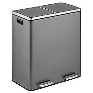 mDesign Metal Steel 16 Gallon/60-Liter, Dual Compartment Step Trash Can; Double Bin Trash Can/Recycler Combo for Kitchen; Holds Garbage, Recycling; Features Two Removable Liner Buckets - Graphite Gray